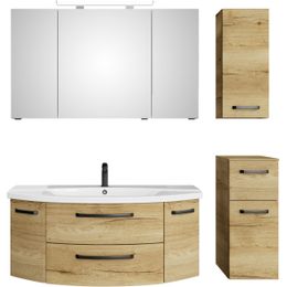 Badmöbel-Set SAPHIR "Serie 4010 4-teilig Keramik-Waschtisch mit LED-Spiegelschrank" Kastenmöbel-Sets Gr. B/H/T: 150,5cm x 200cm x 48cm, braun (halifax eiche quer nachbildung) Badezimmer Set mit Unterschrank, Hängeschrank, inkl. Türdämpfer