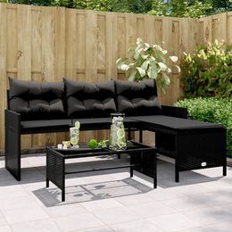 vidaXL Gartensofa in L-Form mit Tisch und Kissen Schwarz Poly Rattan 365572