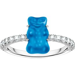 Fingerring Thomas Sabo "THOMAS x HARIBO Schmuck: Ring mit Goldbär" Fingerringe Gr. 58, Silber 925 (Sterlingsilber), 7 mm, blau (silberfarben, blau, kristallweiß, kristallweiß) Damen mit Kristallglas, Zirkonia (synth.)