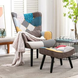 Homemiyn - Relaxsessel mit Hocker Patchwork Sessel Ohrensessel Holz Sessel Wohnzimmer, moderner Fernsehsessel Loungesessel Stuhl Patchwork Leinen