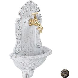 Wandbrunnen antik, mit Wasserhahn, nostalgisch, Waschbecken Garten, Aluguss, h x b x t 40 x 24,5 x 13 cm, weiß - Relaxdays