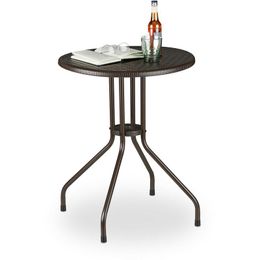 Gartentisch rund, Rattan Optik, Balkontisch klein, Kunststoff und Metall, Bistrotisch, HxD: 74x60 cm, braun - Relaxdays