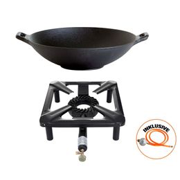 Hockerkocher-Set: mit Gusseisen-Wok Ø 37 cm, Gasschlauch, Regler