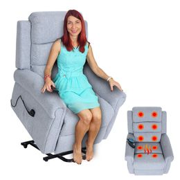 Fernsehsessel MCW-K63, Relaxsessel Sessel, Liegefunktion Aufstehhilfe Massage Heizfunktion, Stoff/Textil ~ hellgrau