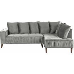 Beliani Ecksofa Grau Samt Linksseitig 3-Sitzer Sofa mit Vielen Kissen Metallfüßen Glamour Modern Wohnzimmer Büro Arbeitszimmer Wohnküche Esszimmer