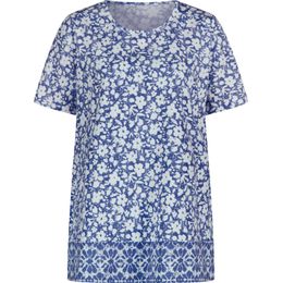 Damen Longshirt mit Blumen- und Bordüren-Druck royalblau-weiß-bedruckt, Größe 44