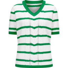 Damen Kurzarmpullover mit Zopfmuster grasgrün-weiß-geringelt, Größe 56