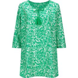 Damen Longbluse mit Quaste am Ausschnitt grasgrün-weiß-bedruckt, Größe 50