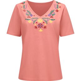 Damen V-Shirt mit floralem Druck flamingo, Gr&ouml;&szlig;e 56