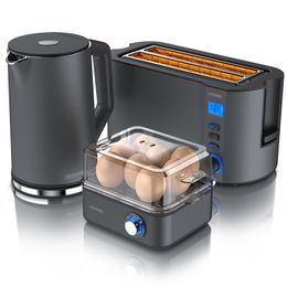 arendo Frühstücks-Set 3-teilig, 4-Scheiben Langschlitztoaster, 8er Eierkocher, 1,5L Wasserkocher, Grau