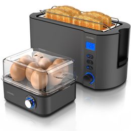 arendo Frühstücks-Set, 8er Eierkocher + Langschlitz Toaster für 4 Scheiben, Grau