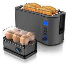 arendo Fr&uuml;hst&uuml;cks-Set, 6er Eierkocher SIXCOOK, Langschlitztoaster 4-Scheiben, Grau