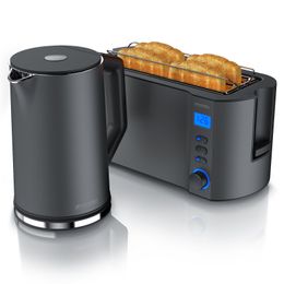 arendo 2-teiliges Fr&uuml;hst&uuml;cks-Set, Langschlitztoaster 4 Scheiben & Edelstahl Wasserkocher 1,5L, Grau