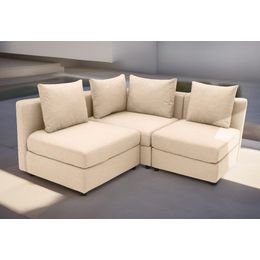 Ecksofa DOMO collection "Solskin, individuell erweiterbar/kombinierbar L-Form", beige, B:202cm H:80cm T:202cm, 100% solution dyed Acryl, Sofas, Ecksofa, mit losen Kissen. R&uuml;cken- und Seitenteile als Stecksystem.