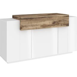 Kommode Inosign "Coro, Kommode, Schrank, Kredenz, grifflos" Sideboards Gr. B/H/T: 140 cm x 86 cm x 45 cm, weiß (weiß, ahorn) Kommode 1 Klappe,3 Türen, Doppeltiefe Hochglanz Fronten, Breite 140