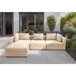 2-Sitzer DOMO collection "Solskin, individuell erweiterbar/kombinierbar", beige, B:220cm H:80cm T:96cm, 100% solution dyed Acryl, Sofas, mit losen Kissen. R&uuml;cken- und Seitenteile als Stecksystem.