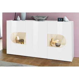 Sideboard Inosign "Real,Vitrine,Kommode,Schrank, komplett hochglanz lackiert" Sideboards Gr. B/H/T: 150 cm x 81 cm x 40 cm, weiß (weiß hochglanz) mit 3 Türen davon 2 Glastüren ohne Griff, Breite 150