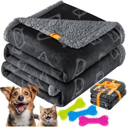 Wasserdichte Hundedecke Sherpa Fleece Haustier Decke + 3x Spielzeugknochen maschinenwaschbar beidseitiger Sofabezug-Schutz Schwarz / l (127 x 101 cm)