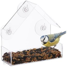 Fenster-Vogelfutterhaus, für Wildvögel, 3 Saugnäpfe, Futterstation mit Dach, hbt: 15 x 15 x 7 cm, transparent - Relaxdays