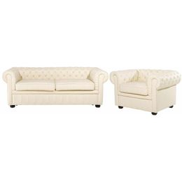 Beliani Sofa und Sessel Creme Echtleder 4-Sitzer Set Chesterfield Stil Glamourös Wohnzimmer