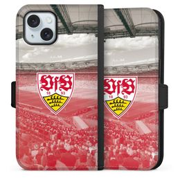 DeinDesign iPhone 15 Handy Klapph&uuml;lle Handyh&uuml;lle aus Kunst Leder schwarz Flip Case Stadium Vfb Stuttgart Official Licensed Product Sideflip mit Lasche