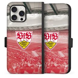 DeinDesign iPhone 15 Pro Max Handy Klapph&uuml;lle Handyh&uuml;lle aus Kunst Leder schwarz Flip Case Stadium Vfb Stuttgart Official Licensed Product Sideflip mit Lasche