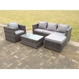 Lounge Rattan Sofa Set Gartenmöbel im Freien mit Einzelarmstuhl und rechteckigem Couchtisch mit großem Fußhocker - Fimous