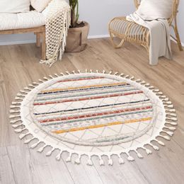 Paco Home Teppich Wohnzimmer Kurzflor Boho Modern Ethno Skandi Geometrisch Fransen 160 cm Rund, Bunt 2