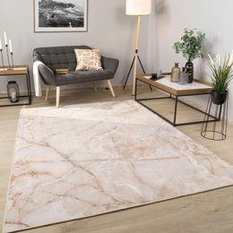 Teppich Wohnzimmer Schlafzimmer Kurzflor Abstrakt Mamor Optik Modern Waschbar Beige, 200x280 cm - Paco Home