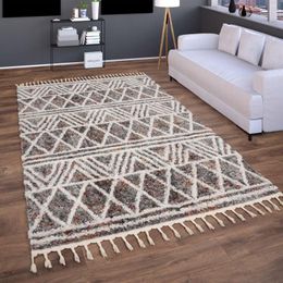 Paco Home Hochflor Teppich Wohnzimmer Shaggy Boho Modern Skandi Rauten Fransen 120x160 cm, Bunt 3