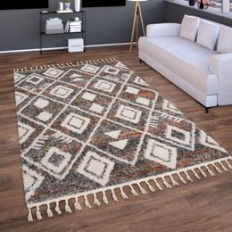 Paco Home - Hochflor Teppich Wohnzimmer Shaggy Boho Modern Skandi Rauten Fransen 120x160 cm, Bunt