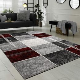 Designer Teppich Kariert Kurzflor Marmor Optik Meliert Modern Grau Schwarz Rot 160x220 cm - Paco Home