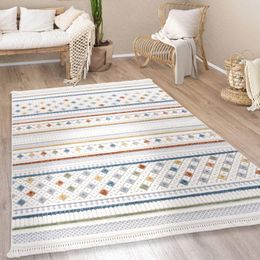 Paco Home Teppich Wohnzimmer Kurzflor Boho Modern Ethno Skandi Geometrisch Fransen 120 cm Rund, Bunt 4