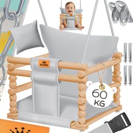 Kidiz&reg; Babyschaukel Kinderschaukel Schaukelsitz mit Polsterung Holz-Schaukel mit Anti-Kipp bis 60KG H&ouml;henverstellbar Indoor & Outdoor 0,5 - 3 Jahre Montagezubeh&ouml;r & Sicherheitsgurt