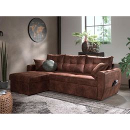 Astoria - 4-sitzer ecksofa beidseitig montierbar - mit schlaffunktion und bettkasten - industrieller stil - braun