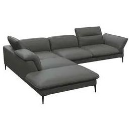 Ecksofa FLEXLUX "Salino, Funktionssofa mit Ottomane, Relaxsofa, Ecksofa" Sofas Gr. B/H/T: 287cm x 88cm x 239cm, Echtleder, lange Ottomane links, grau (warm mineral grey) Sofa mit Arm- und Kopfteil-Verstellungen, Kaltschaum & Stahl-Wellen