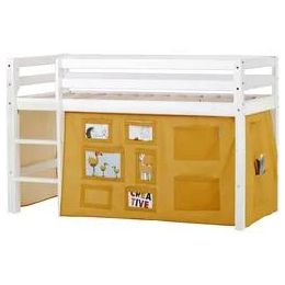 Hochbett Hoppekids "ECO Dream, Kinderbett, Spielbett, Halbhohes Bett aus Massivholz" Hochbetten Gr. umbaubar, Liegefläche B/L: 70cm x 160cm, ohne Matratze, gelb (weiß-curry / fenster) Baby Kinderbett Hochbett inkl. Vorhang-Set Creator, Bettgröße & Matratze wählbar