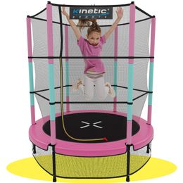 KINETIC SPORTS Kinder Trampolin JUMPER 140 cm - Inklusive Gummiseil Federung, Sicherheitsnetz mit Reißverschluss, Rahmenpolster, Schutz Bodennetz - Indoor Kindertrampolin Spielzeug Pink-Türkis