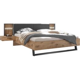 Bettanlage Schlafkontor "Daria Bett mit gepolstertem Kopfteil", beige (viking oak hell, graphit), B:297,6cm H:98,8cm T:222,4cm, Melamin, Schlafzimmermöbel-Sets, inklusive Paneel mit Beleuchtung