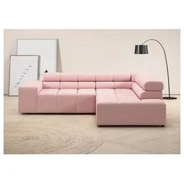 Ecksofa Inosign "Ancona, incl. Kopfteilverstellung + 3 Zierkissen L-Form" Sofas Gr. B/H/T: 249cm x 70cm x 215cm, Velours, Recamiere rechts, ohne Sitztiefenverstellung, rosa (rosé) wahlweise motorische Sitztiefenverstellung, BT(H: 24921570 cm