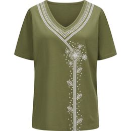 Damen V-Shirt mit Bl&uuml;ten-Druck oliv, Gr&ouml;&szlig;e 54