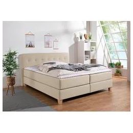 Boxspringbett Home Affaire "Fargo", beige, B:213cm L:207cm, Struktur fein (100% Polyester), Samtstoff (100% Polyester), Komplettbetten, inkl. Topper, in 3 Matratzenarten, in Samt- oder Strukturstoff