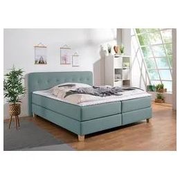 Boxspringbett Home Affaire "Fargo", blau (petrol), B:193cm L:207cm, Struktur fein (100% Polyester), Samtstoff (100% Polyester), Komplettbetten, inkl. Topper, in 3 Matratzenarten, in Samt- oder Strukturstoff