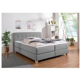 Boxspringbett Home Affaire "Fargo", grau (hellgrau), B:193cm L:207cm, Struktur fein (100% Polyester), Samtstoff (100% Polyester), Komplettbetten, inkl. Topper, in 3 Matratzenarten, in Samt- oder Strukturstoff