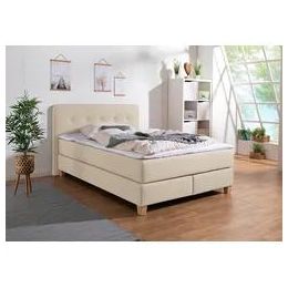 Boxspringbett Home Affaire "Fargo", beige, B:153cm L:207cm, Struktur fein (100% Polyester), Samtstoff (100% Polyester), Komplettbetten, inkl. Topper, in 3 Matratzenarten, in Samt- oder Strukturstoff