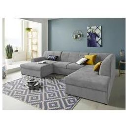 Wohnlandschaft DOMO collection "Topper U-Form" Sofas Gr. B/H/T: 320 cm x 78 cm x 213 cm, Chenille-Optik, Ottomane rechts, Mit Bettfunktion, grau (hellgrau) wahlweise mit Bettfunktion