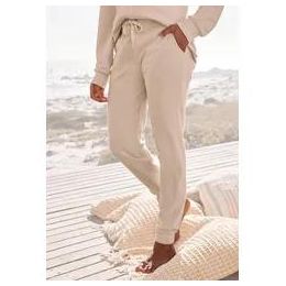 Relaxhose s.Oliver "-Sweathose aus Ripp-Qualität" Gr. 44/46, N-Gr, beige (creme) Damen Hosen mit Einrifftaschen, Loungeanzug