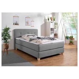 Boxspringbett Home Affaire "Fargo", grau (hellgrau), B:133cm L:207cm, Struktur fein (100% Polyester), Samtstoff (100% Polyester), Komplettbetten, inkl. Topper, in 3 Matratzenarten, in Samt- oder Strukturstoff