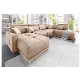 Wohnlandschaft DOMO collection "Ava U-Form" Sofas Gr. B/H/T: 351cm x 84cm x 222cm, Microfaser PRIMABELLE, Ottomane rechts, ohne Kopfteilverstellung (Gesamtbreite 346cm), beige (natur) mit Federkern, wahlweise Kopfteilverstellungen