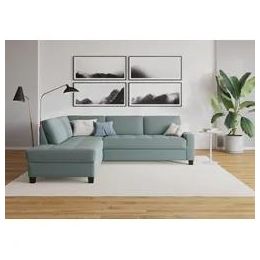 Ecksofa DOMO collection "Florentina L-Form" Sofas Gr. B/H/T: 243cm x 84cm x 209cm, Webstoff, Ottomane links, Ohne Bettfunktion, blau (eisblau) wahlweise mit Bettfunktion, Kontrastnaht